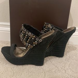 bebe | Shoes | Double Strap Slide Black Bebe Wedges | Poshmark